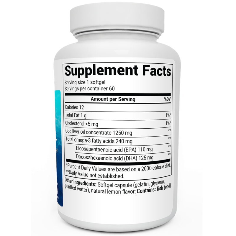 Wild-Caught Omega-3 Cod Liver Fish Oil DHA EPA – 60 Softgels